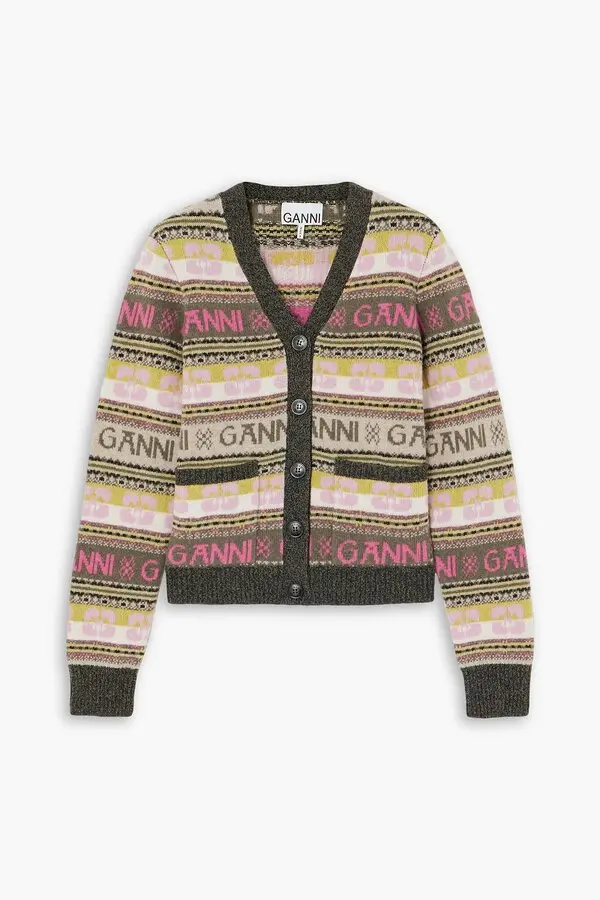 GANNI Intarsia-knit Wool-blend Cardigan - Dark Green