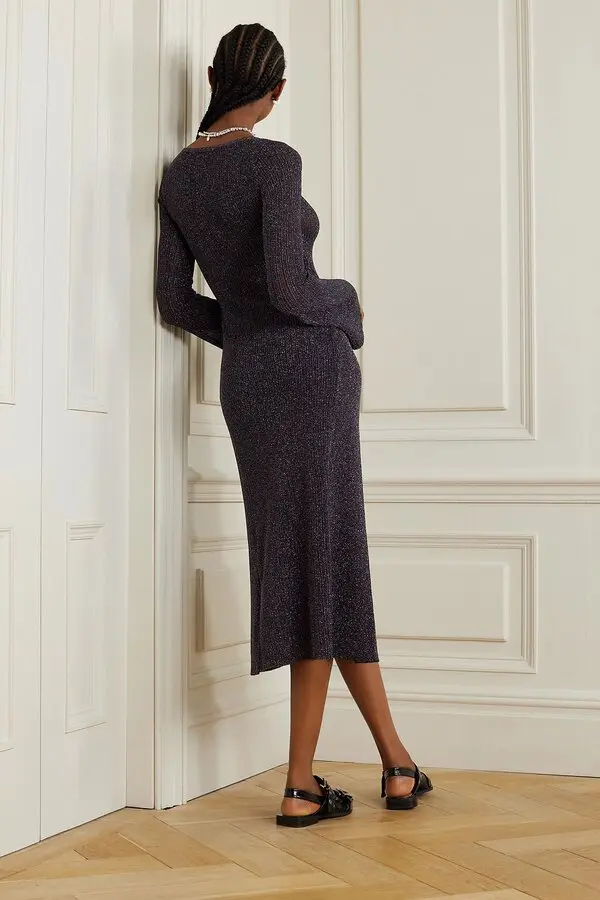 Ganni Metallic Ribbed-Knit Midi Dress In Midnight Blue - 75% Off |  Editorialist