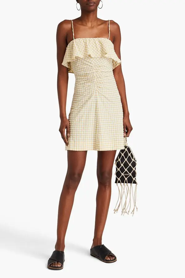 GANNI Ruched Gingham Seersucker Mini Dress