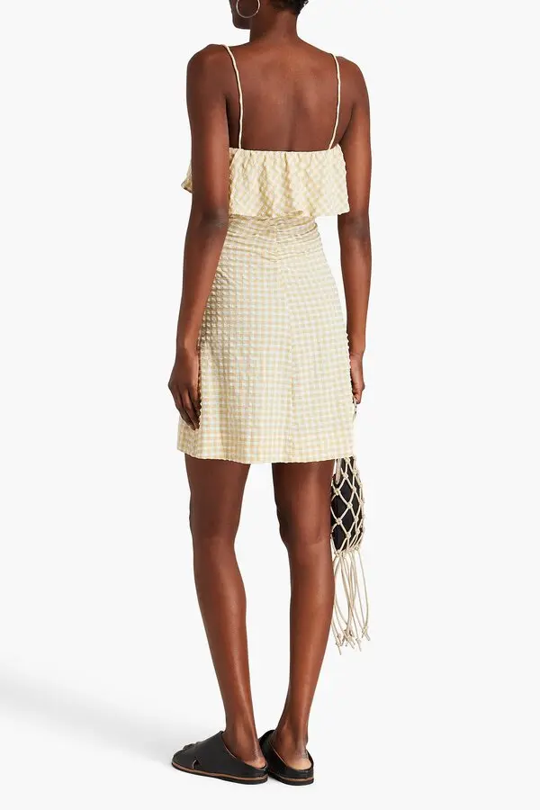 Ganni Ruched Gingham Seersucker Mini Dress In Beige - 85% Off | Editorialist
