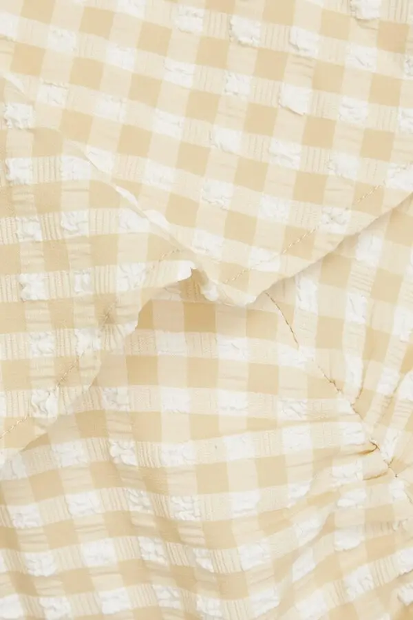 Ganni Ruched Gingham Seersucker Mini Dress In Beige - 85% Off | Editorialist