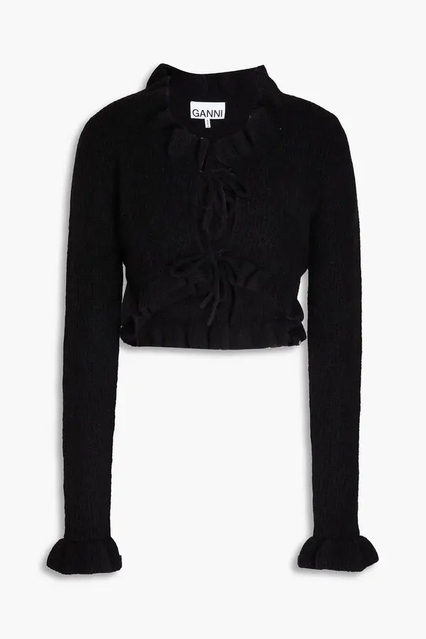 GANNI Cropped Ruffled Ribbed-knit Cardigan