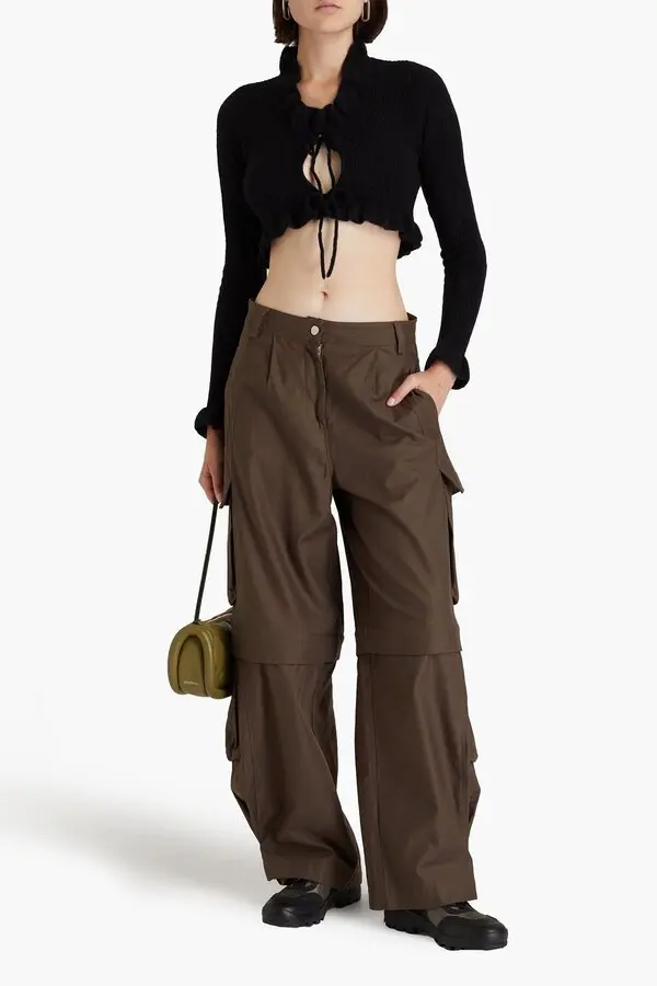 GANNI Cropped Ruffled Ribbed-knit Cardigan