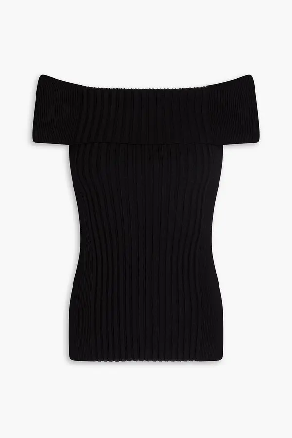 GANNI Off-the-shoulder Ribbed-knit Top - Black