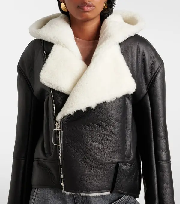 Jw Anderson Hooded Leather And Shearling Biker Jacket In Black