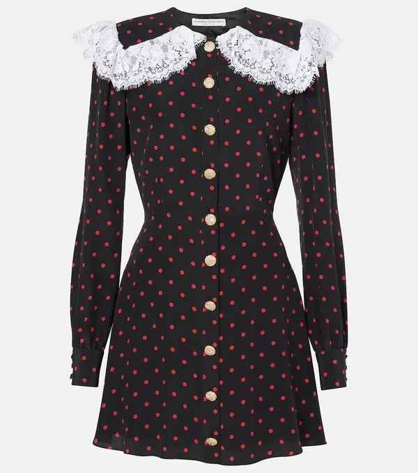 Alessandra Rich Polka-dot Silk Minidress With Lace Trim - Black