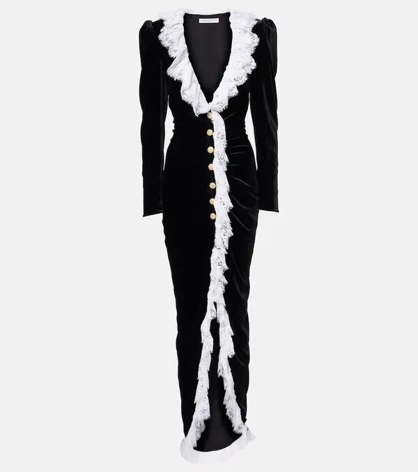 Alessandra Rich Lace-trimmed Velvet Maxi Dress - Black