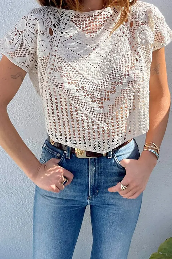 MADLY VINTAGE 1970s Crochet Lace Cropped Blouse