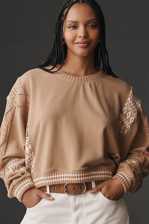 PILCRO Mixed Media Pullover Sweatshirt - Neutral Pattern