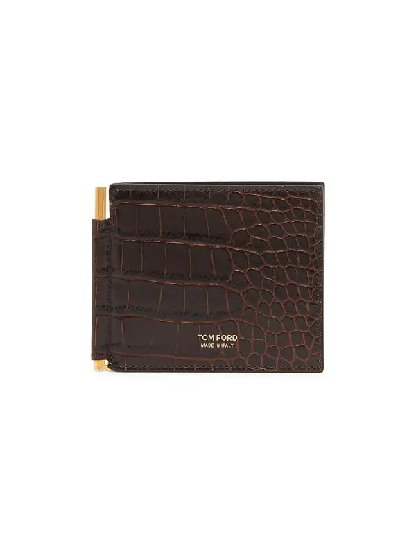 Tom Ford Shiny Croc-Embossed T Line Money Clip Wallet - Cognac