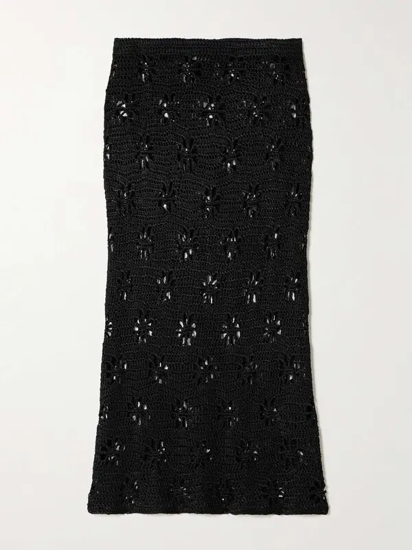 Calle Del Mar Floral Crocheted Midi Skirt - Black