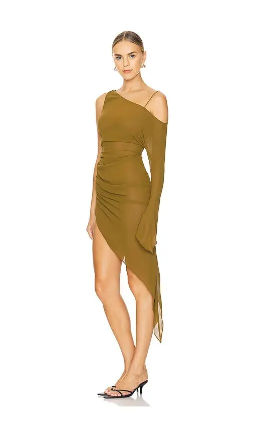 H:OURS Rei Asymmetrical Ruched Georgette Midi Dress