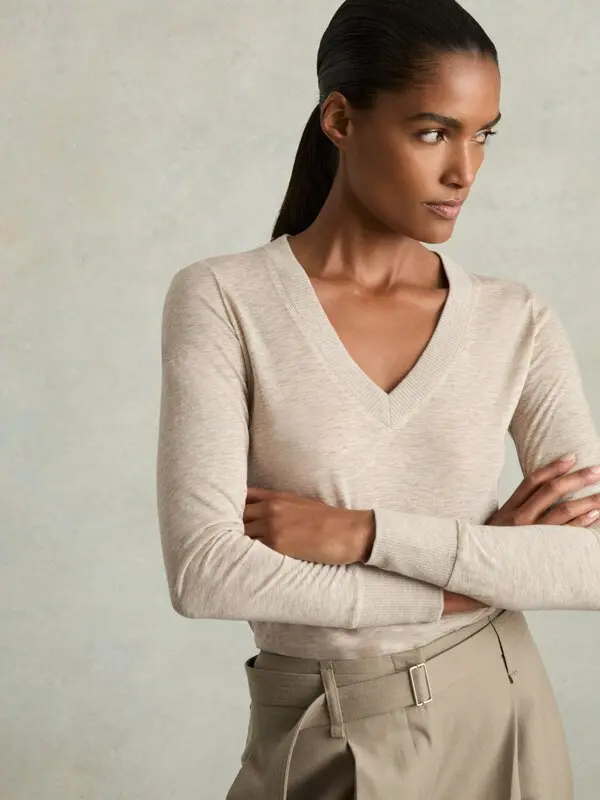 REISS Evelyn Lyocell-wool Marled V-neck Top