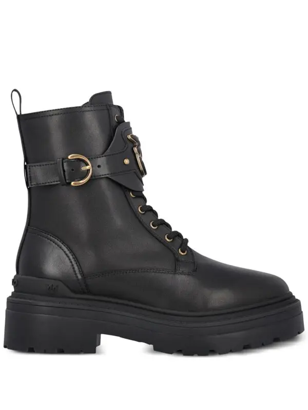 Pinko Leather Combat Boots With Signature Buckle - Black