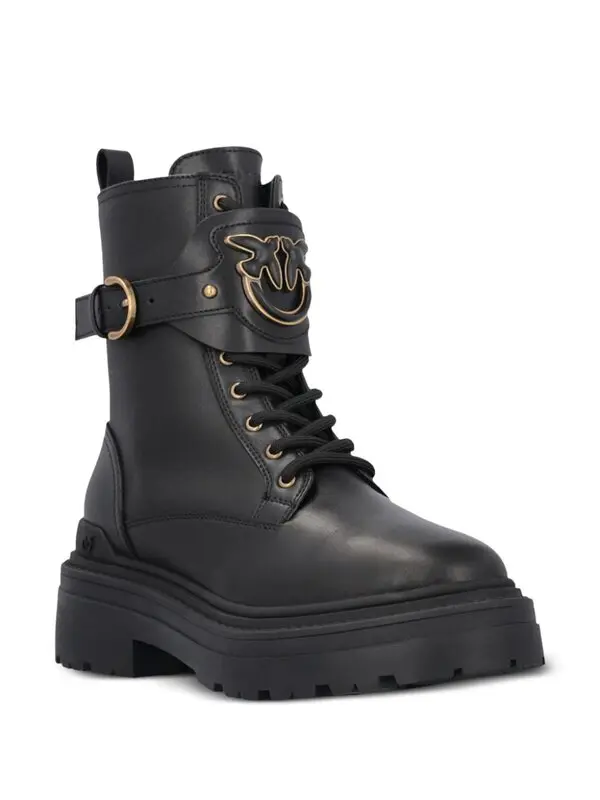 Pinko Leather Combat Boots With Signature Buckle - Black