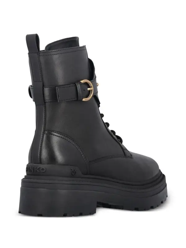 Pinko Leather Combat Boots With Signature Buckle - Black