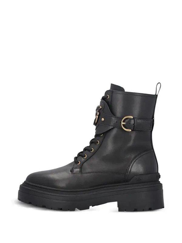 Pinko Leather Combat Boots With Signature Buckle - Black