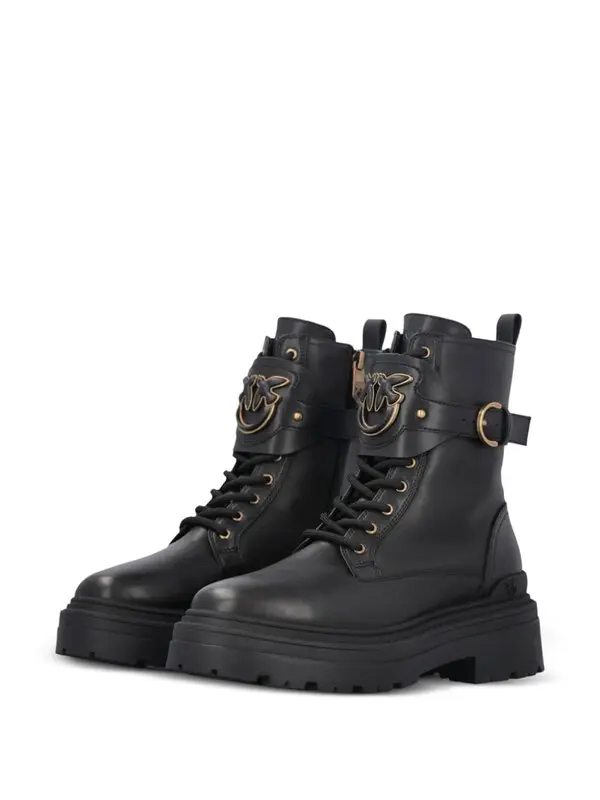 Pinko Leather Combat Boots With Signature Buckle - Black