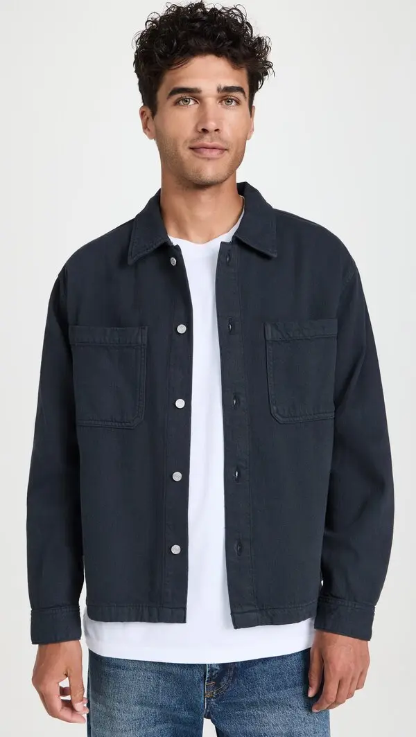 FRAME Textured Terry Double Pocket Relaxed Shirt - Navy