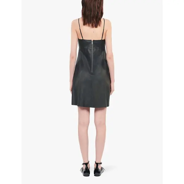 kooples leather dress The Crossed V-Neck Sheepskin Mini - Black Wrap dress