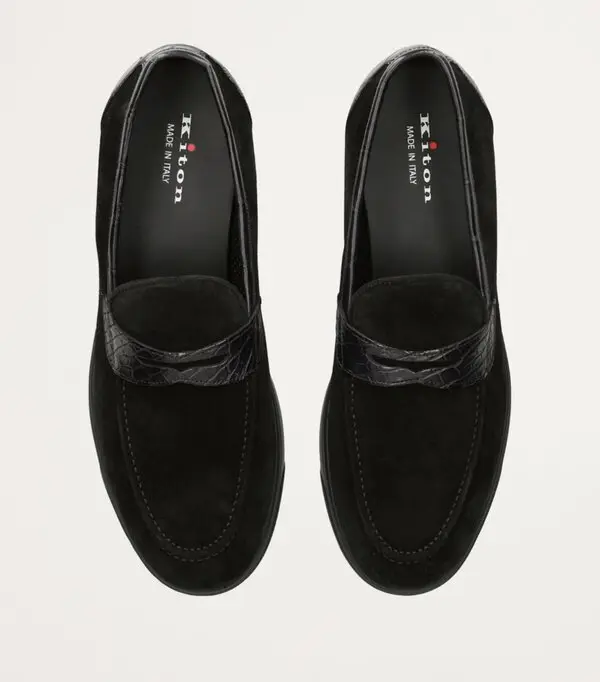Kiton Suede Crocodile Leather Penny Loafers - Black  display picture 3