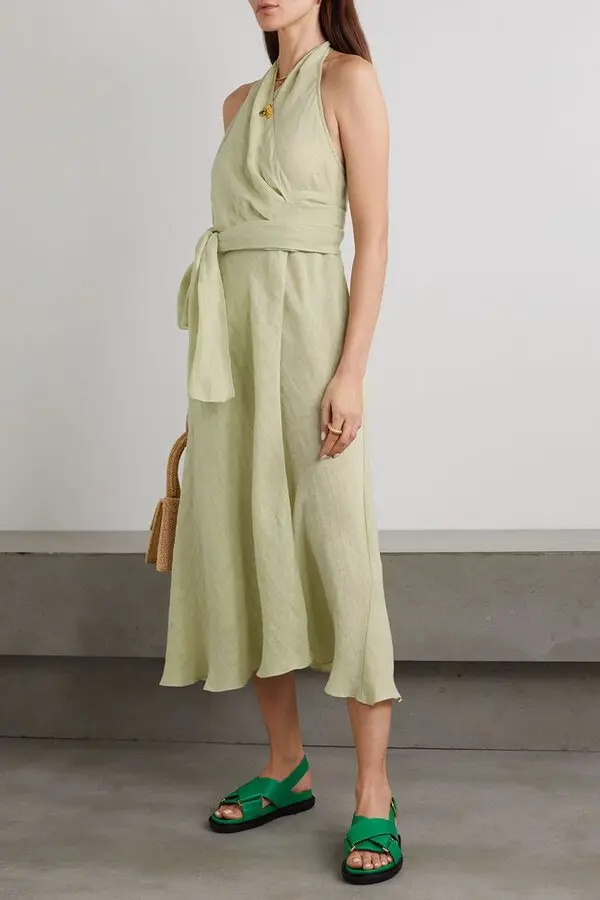 three graces london green dress Yara Linen-blend Halterneck Midi Wrap Model_Keli
