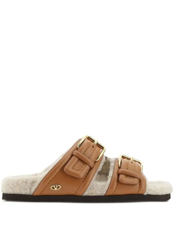 Valentino Garavani Buckled Shearling Slides - Brown