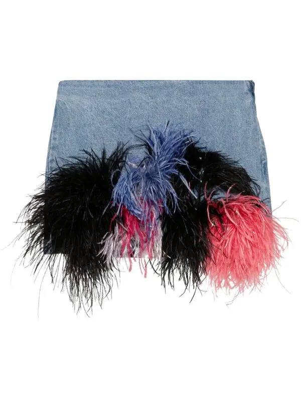 LOULOU Feather-trim Denim Mini Skirt - Blue