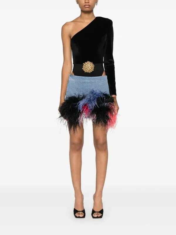 LOULOU Feather-trim Denim Mini Skirt