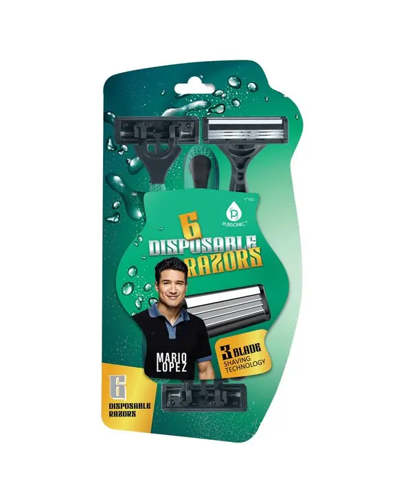 PURSONIC Mario Lopez 6 Disposable Razors 3 Blade Shaving Surface Technology - Medium Green