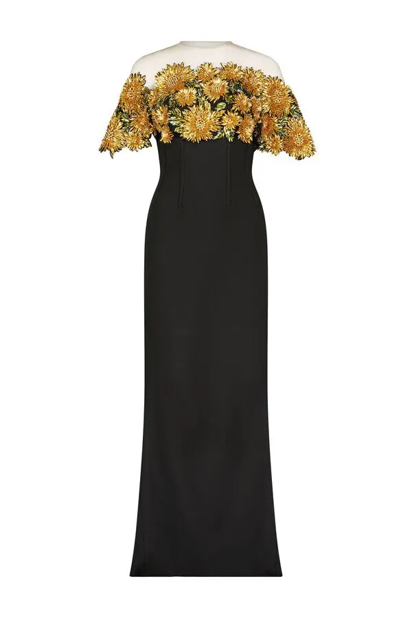 Lela Rose Floral Embroidery Bodice Dress In Black 65% Off