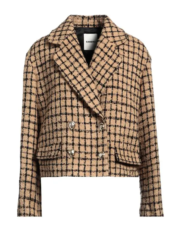 Sandro Bouclé Checked Double-breasted Blazer - Sand