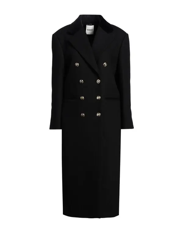 Sandro Flannel Double-breasted Coat With Velvet Trims