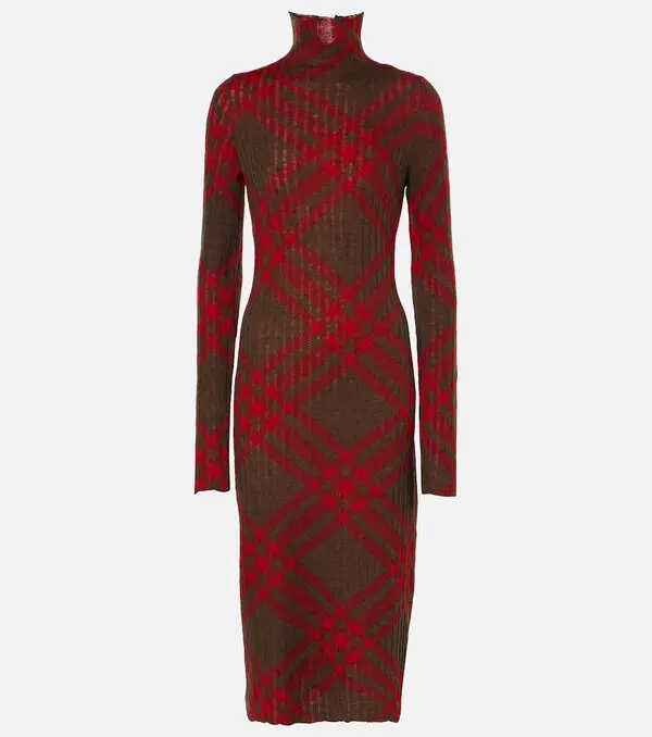 Burberry Check Ribbed-knit Midi Dress - Red