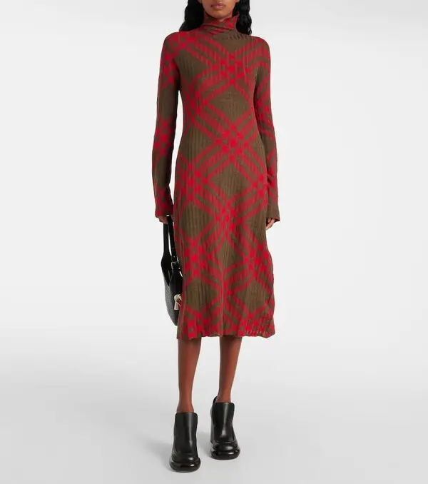 Burberry Check Ribbed-knit Midi Dress - Red