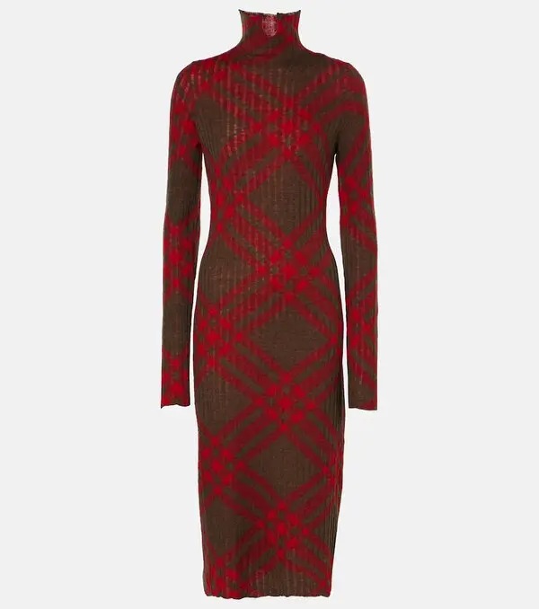 Burberry Check Ribbed-knit Midi Dress - Red