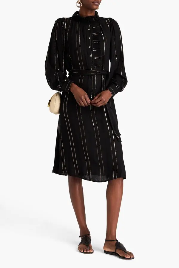 Antik Batik Edward Ruffled Striped Twill Midi Shirt Dress - Black