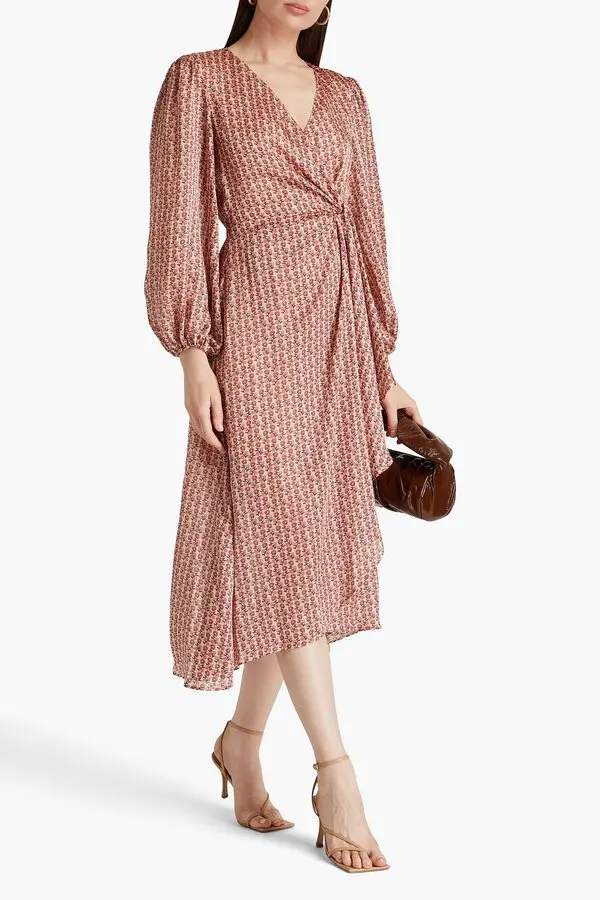 Maje Wrap-effect Floral-print Satin Midi Dress - Peach