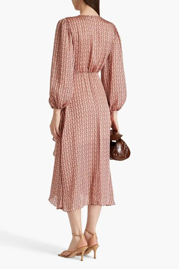 Maje Wrap-effect Floral-print Satin Midi Dress - Peach
