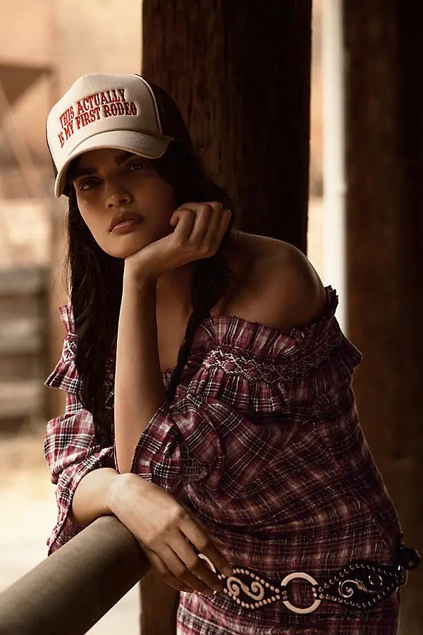 New Anthropologie Le Rodeo Worn West Beige and Brown Embroidered Cap Cowboy Horseshoe Embroidered Baseball Cap, Western Style, Rodeo main image 4