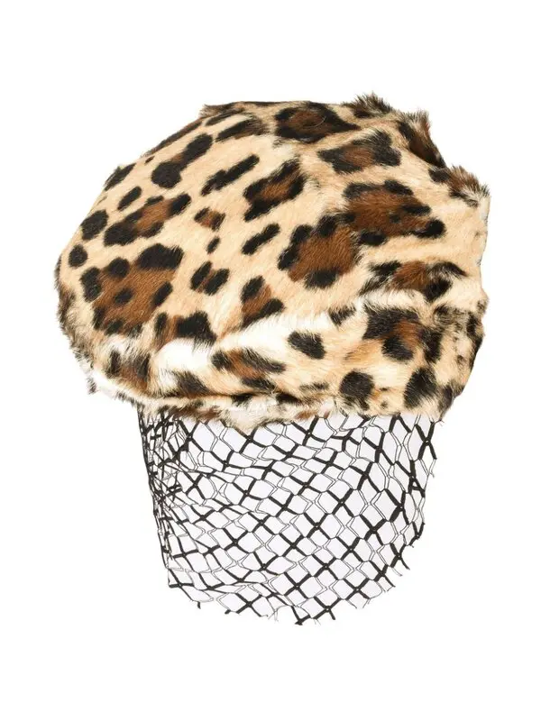 Dolce & Gabbana Leopard-print Goatskin Flat Cap With Veil - Neutrals