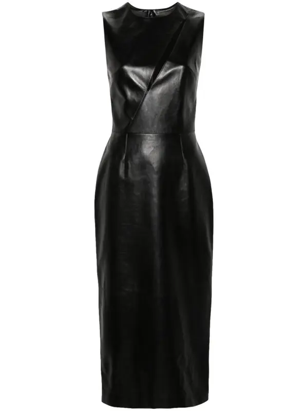 Alexander Mcqueen Slashed Leather Midi Dress In Black - 45% Off