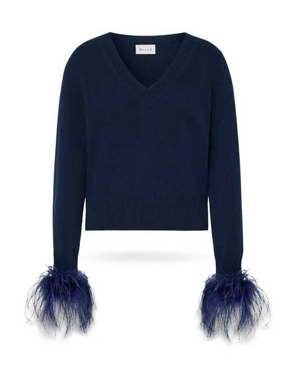 MILLY Wool Blend V Neck Sweater With Feather Trim - Navy