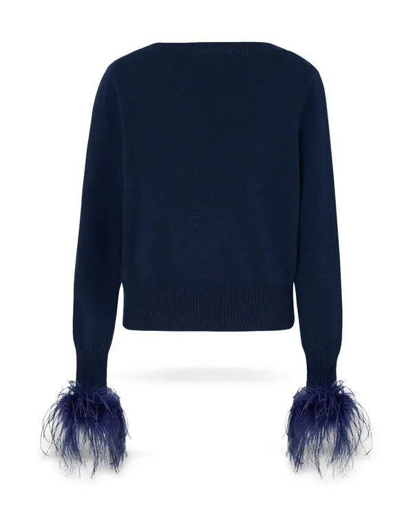 MILLY Wool Blend V Neck Sweater With Feather Trim - Navy