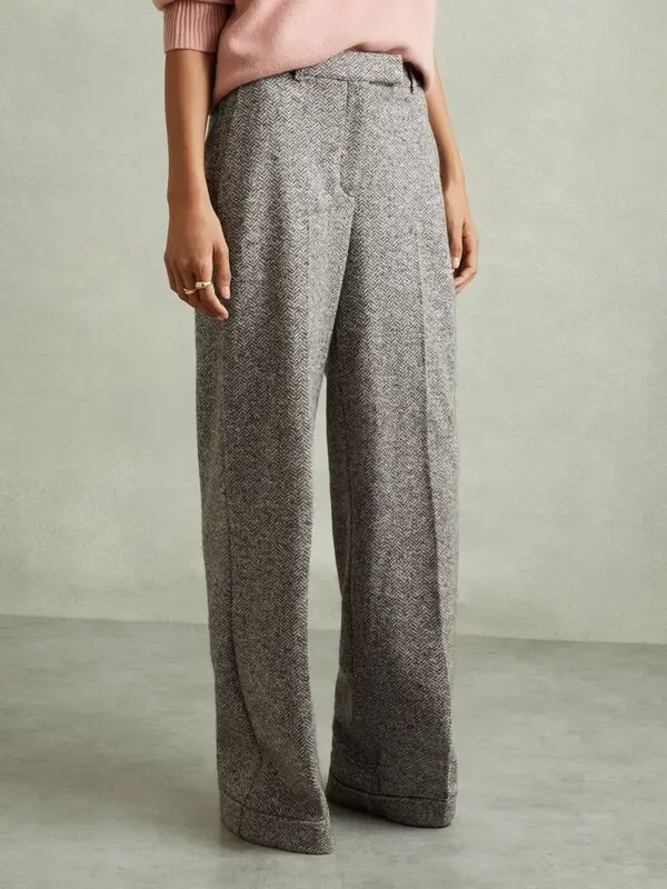 REISS Belle Textured Wool Blend Wide Leg Suit Trousers - Grey
