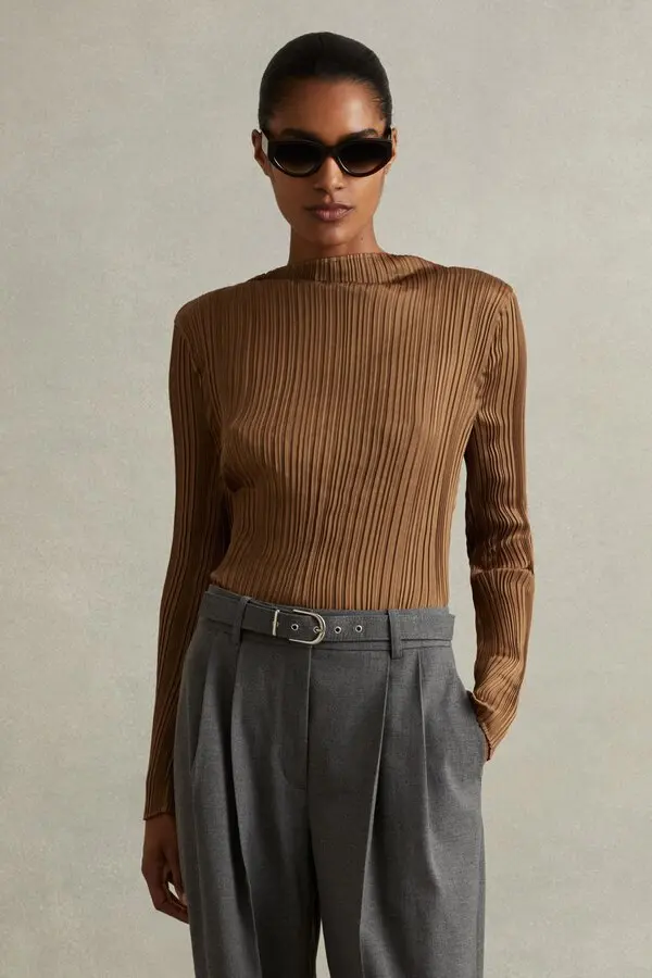 REISS Ember High Neck Plisse Top