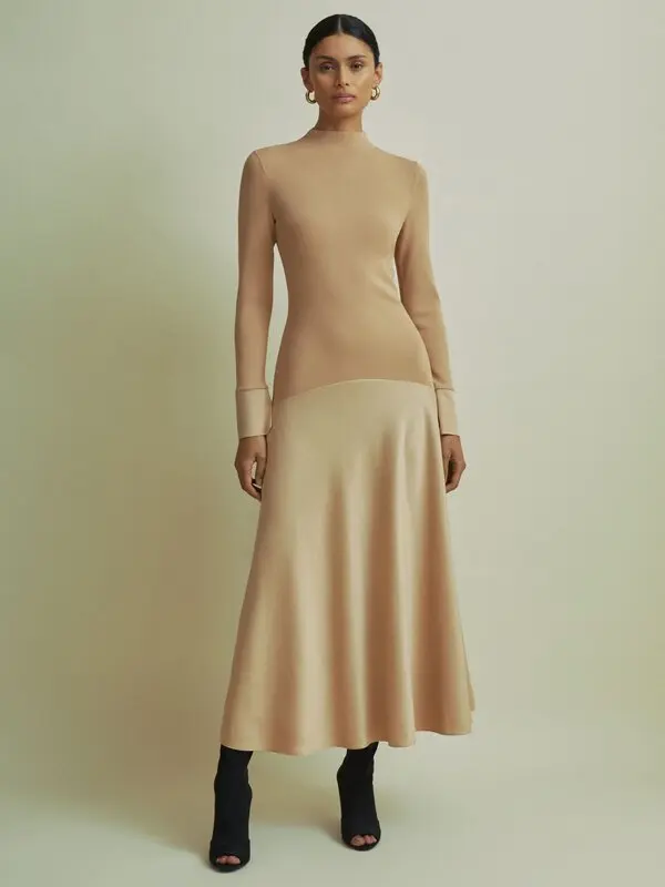 Florere Hybrid Knit-Satin Midi Dress In Sand - 77% Off | Editorialist