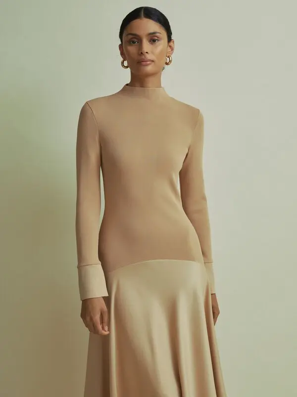 florere knitted satin midi dress Hybrid Knit-Satin In Sand - 77% Off Material:Ponte