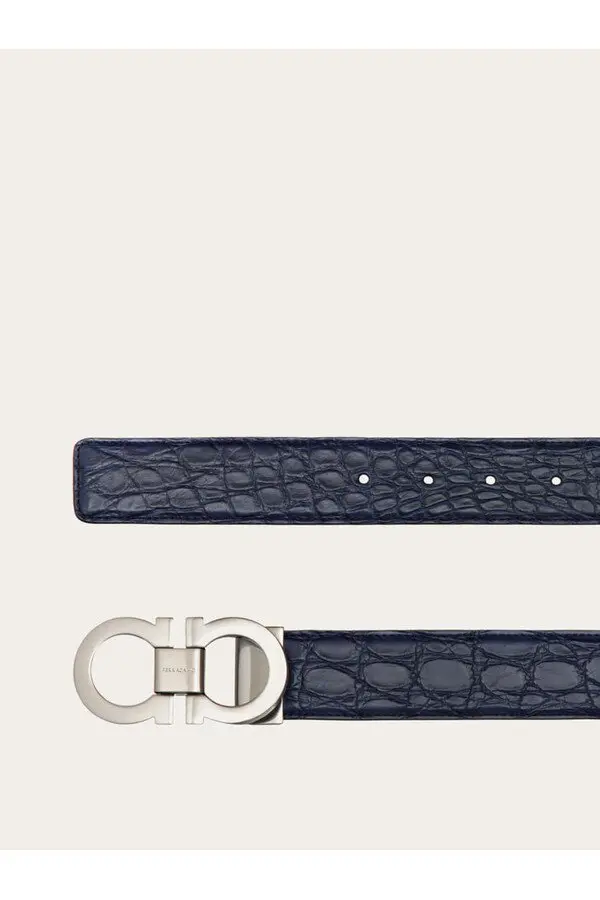 FERRAGAMO Adjustable Gancini Alligator Belt - Blue