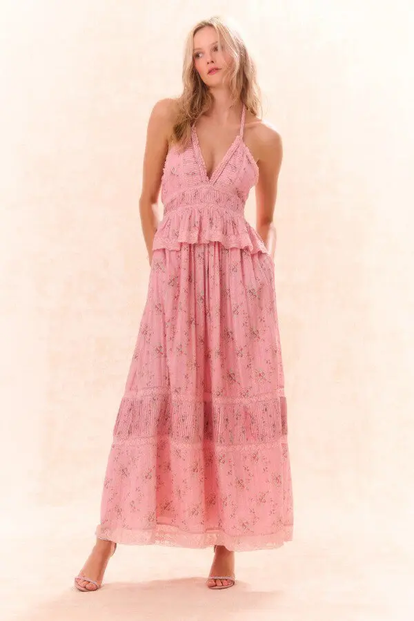 Loveshackfancy Avice Halter Cotton Print Maxi Dress - Pink